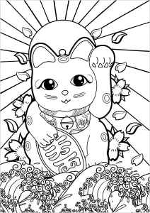 Maneki Neko dansant - Coloriages de Japon à imprimer pour adultes