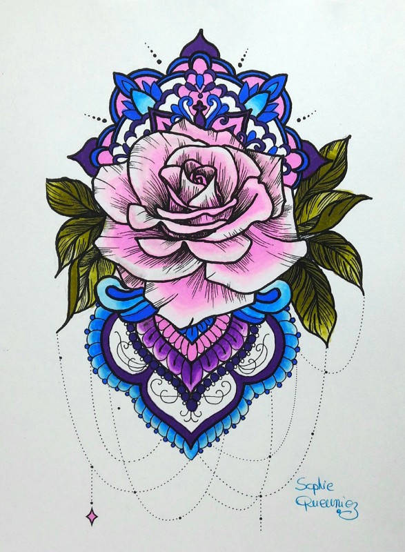Mandala and rose with beautiful petals - M&alas Adult Coloring Pages